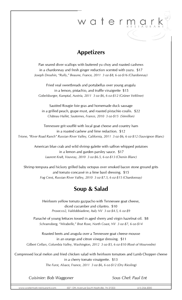 Watermark Restaurant Menu, Menu for Watermark Restaurant, The Gulch ...