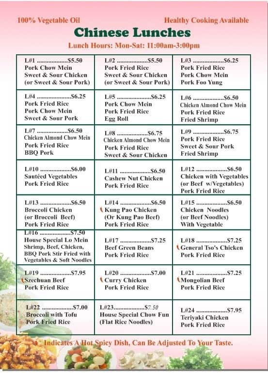 Menu at Lin's Restaurant, Tillamook