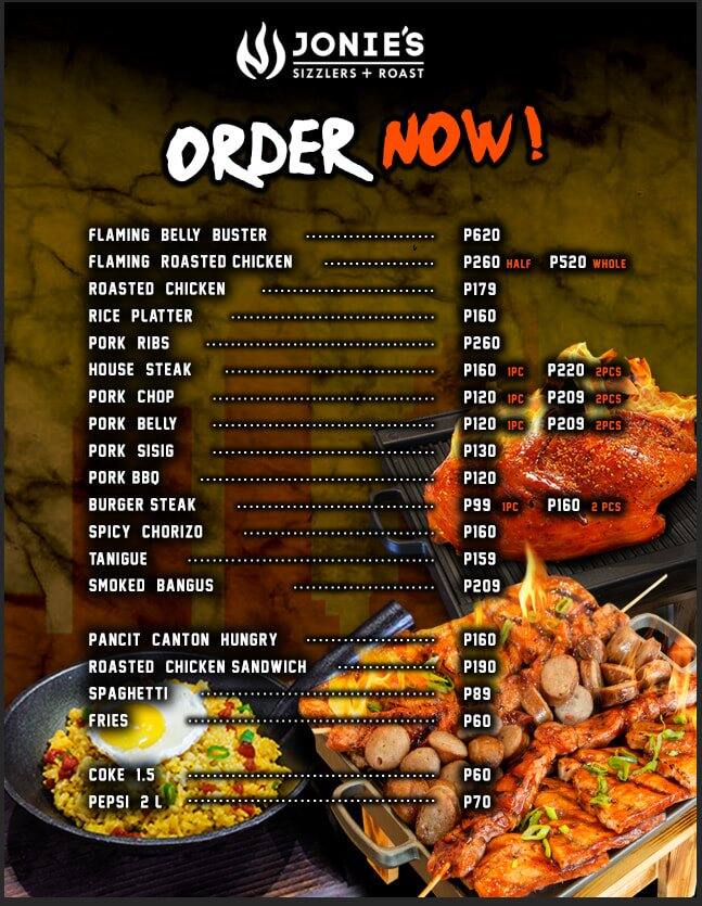 Menu at Jonie's Sizzlers & Roast restaurant, Cebu City, 8W69+59Q