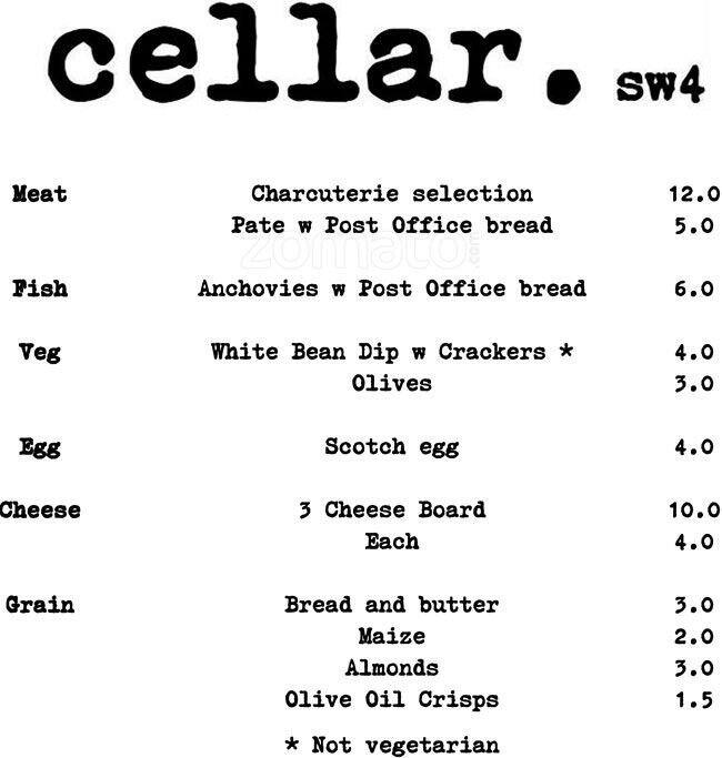 Menu at Cellar pub & bar, London