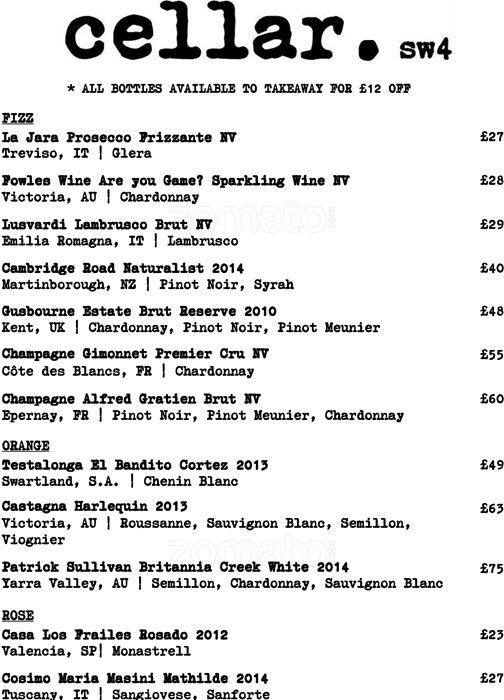 Menu at Cellar pub & bar, London