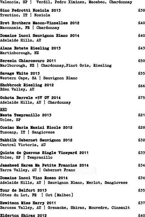 Menu at Cellar pub & bar, London