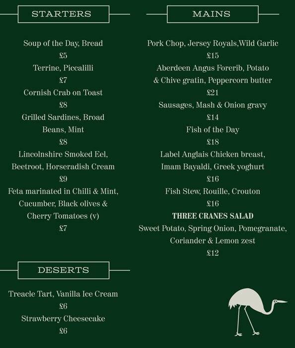 The Three Cranes Menu, Menu for The Three Cranes, City of London ...