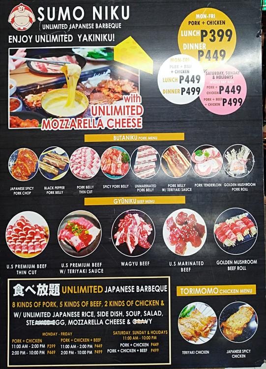 Carta del restaurante Sumo Niku, Makati