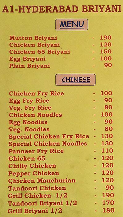 Menu of Hyderabad Briyani, Madipakkam, Chennai