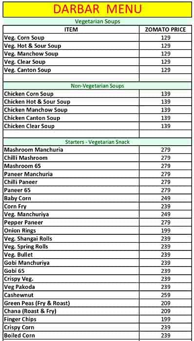 Menu of Darbar Restaurant, Kukatpally, Hyderabad