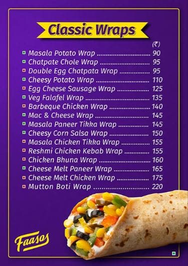 Menu of Faasos Signature Wraps and Rolls, Yelahanka, Bangalore