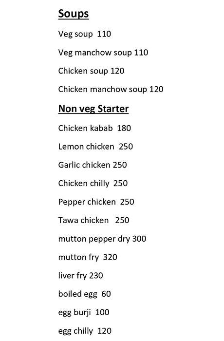 Menu of The Malnad Mane, Lalbagh, Mangalore