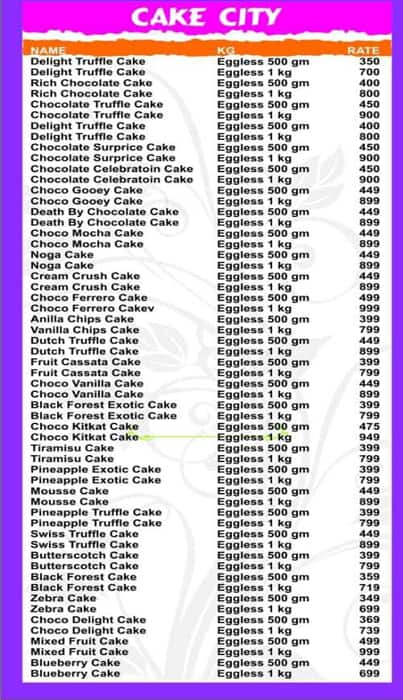 Menu of Cake City, Lower Parel, Mumbai