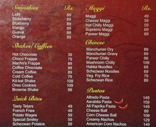 Menu at Macho's Coffee, Surat, U 25