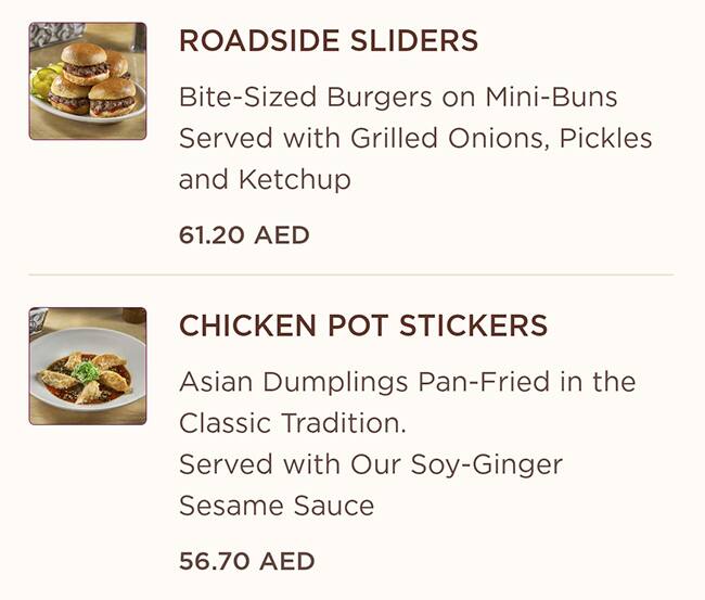 Menu at The Cheesecake Factory restaurant, Abu Dhabi, Yas Mall