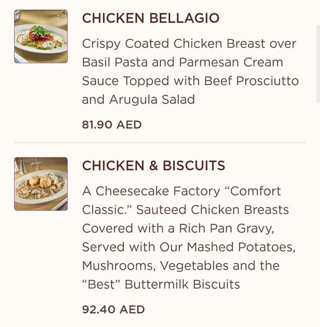 Menu at The Cheesecake Factory restaurant, Abu Dhabi, Yas Mall