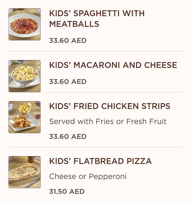 Menu at The Cheesecake Factory restaurant, Abu Dhabi, Yas Mall