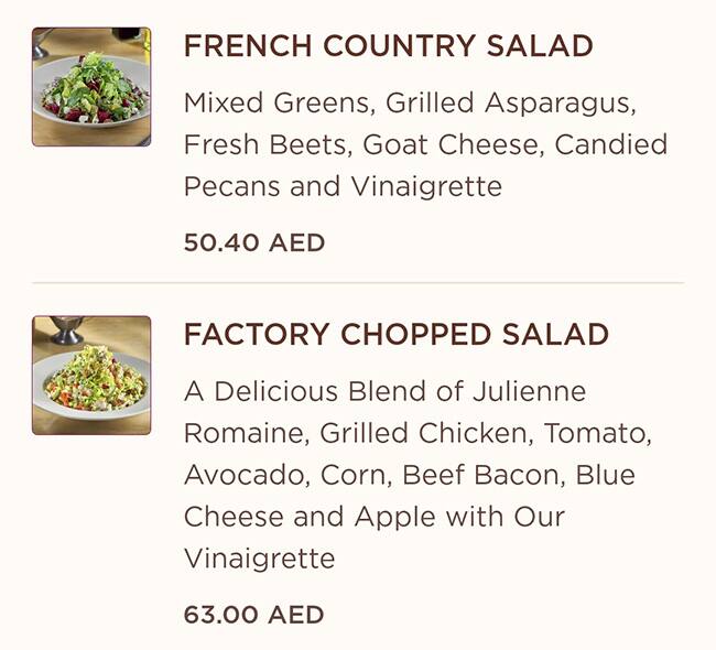 Menu at The Cheesecake Factory restaurant, Abu Dhabi, Yas Mall