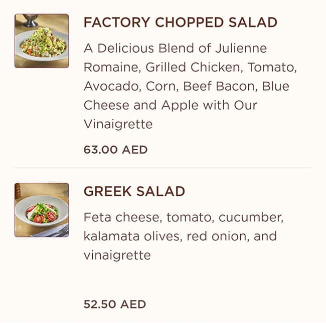 Menu at The Cheesecake Factory restaurant, Abu Dhabi, Yas Mall
