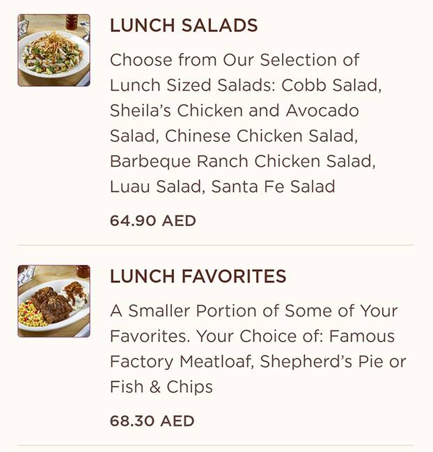 Menu at The Cheesecake Factory restaurant, Abu Dhabi, Yas Mall