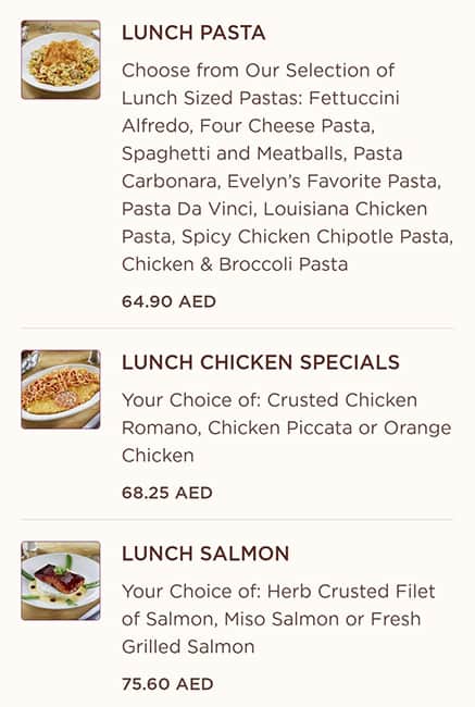 Menu at The Cheesecake Factory restaurant, Abu Dhabi, Yas Mall