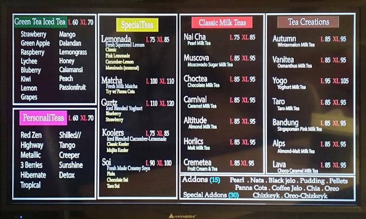 Menu at Zen Tea restaurant, Manila, Sampaloc P. Noval Street