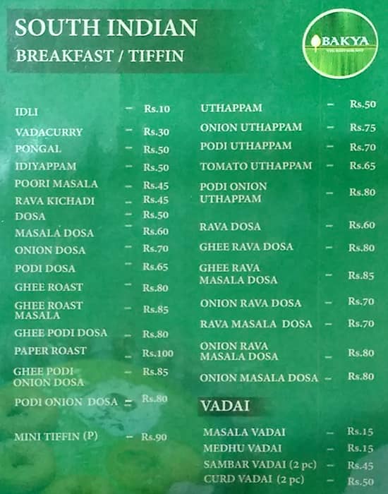 Menu of Bakya Veg Restaurant, West Mambalam, Chennai