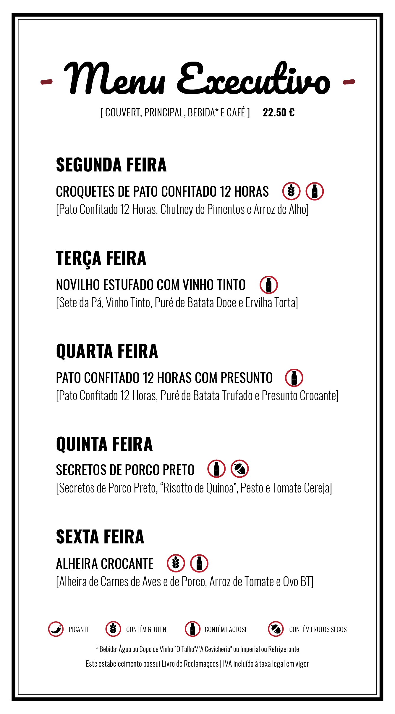 Menu at O Talho restaurant, Lisbon, R. Carlos Testa 1