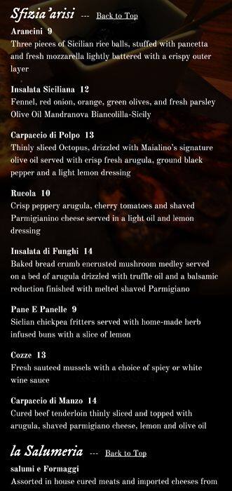 Menu at Maialino Enoteca restaurant, Toronto