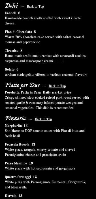 Menu at Maialino Enoteca restaurant, Toronto