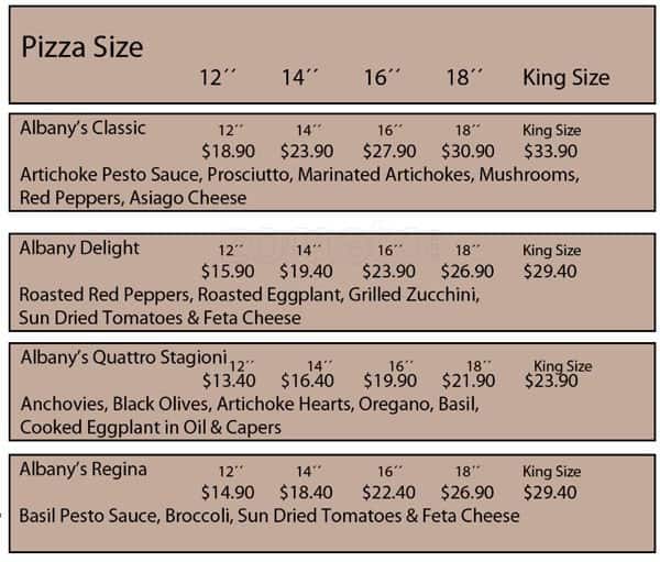Menu at Albany Pizza pizzeria, Toronto