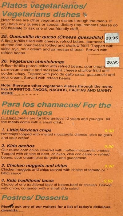 Carta de Fiesta Ole Mexican Restaurant, Auchenflower, 2/416 Milton Rd