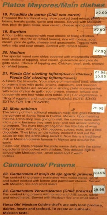 Carta de Fiesta Ole Mexican Restaurant, Auchenflower, 2/416 Milton Rd