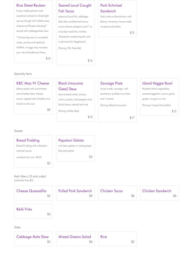Menu at Kauai Beer Company restaurant, Lihue