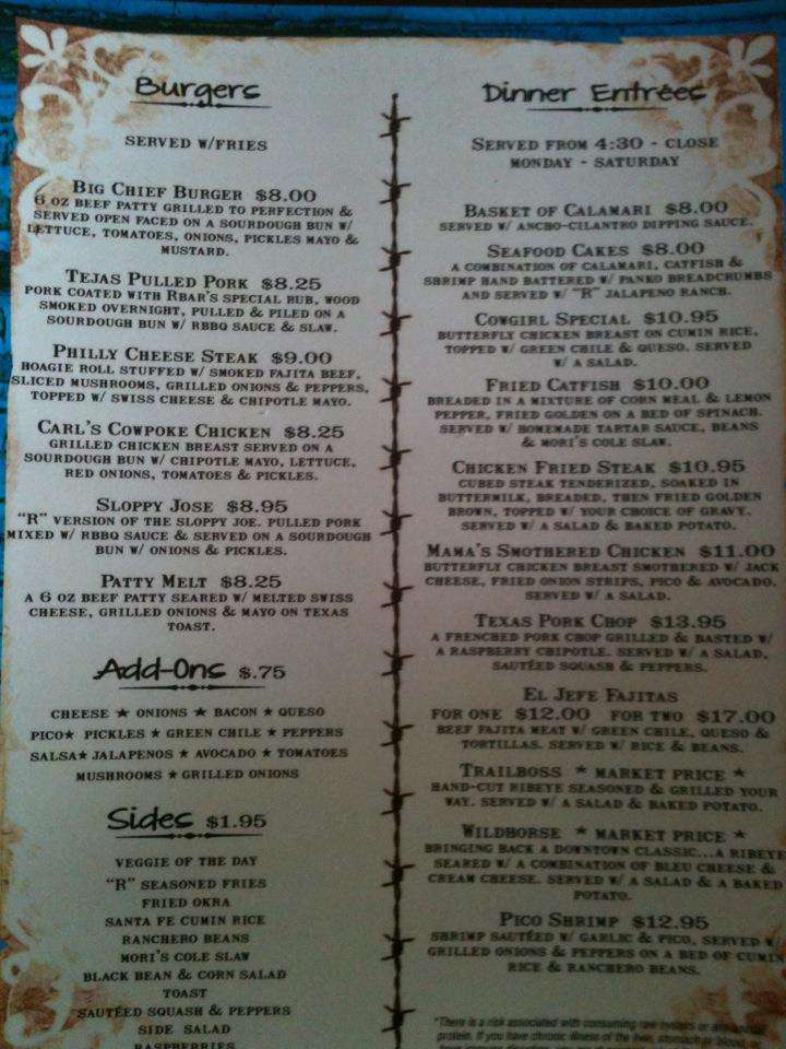 Menu at Rae's Rbar & Grill, Marble Falls