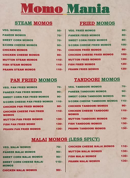 Menu of Momo Mania, Barasat, Kolkata