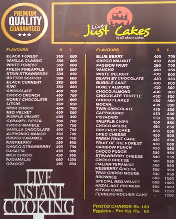 Menu of Just Cakes, Electronic City, Bangalore