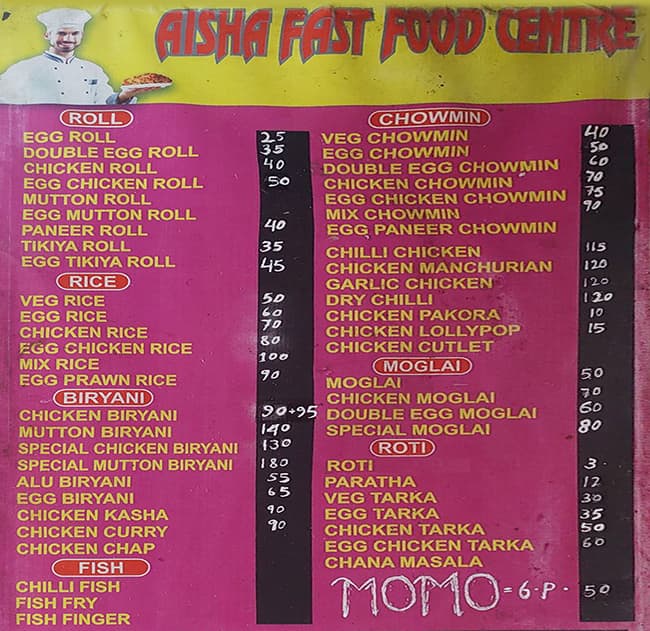 Menu at Aisha Fast Food Centre, Kolkata