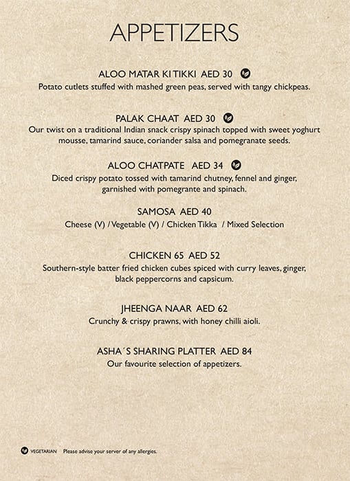 Menu at Asha's restaurant, Abu Dhabi, Yas Mall