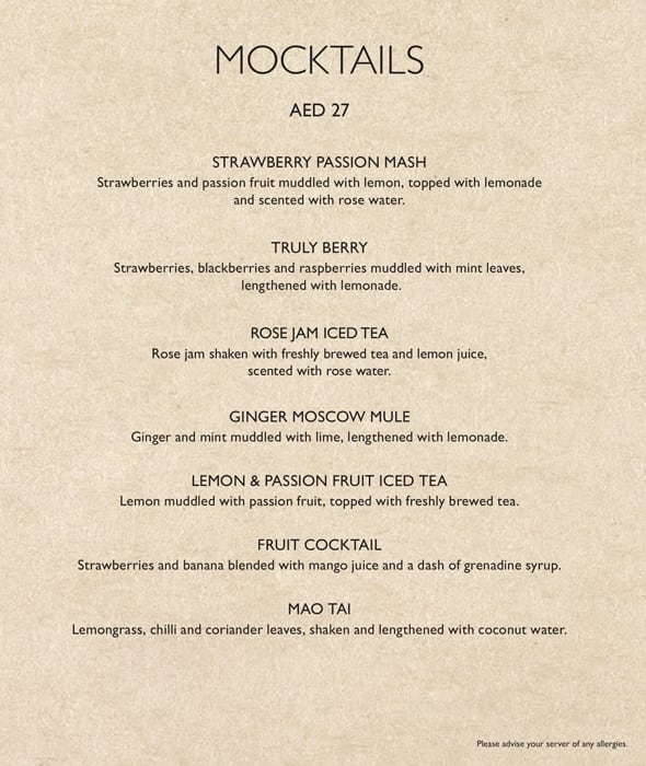 Menu at Asha's restaurant, Abu Dhabi, Yas Mall