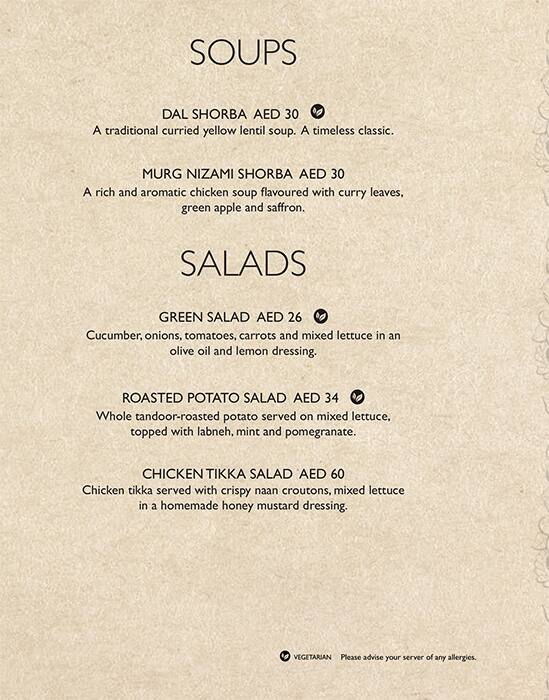 Menu at Asha's restaurant, Abu Dhabi, Yas Mall