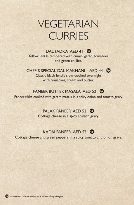 Menu at Asha's restaurant, Abu Dhabi, Yas Mall