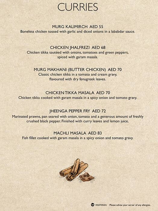 Menu at Asha's restaurant, Abu Dhabi, Yas Mall