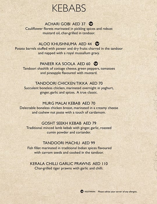 Menu at Asha's restaurant, Abu Dhabi, Yas Mall