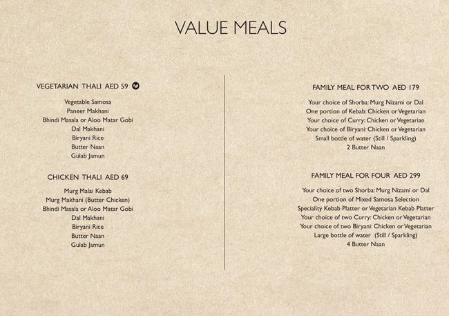 Menu at Asha's restaurant, Abu Dhabi, Yas Mall