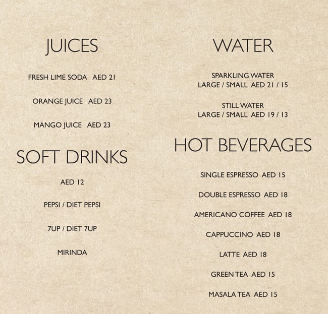 Menu at Asha's restaurant, Abu Dhabi, Yas Mall
