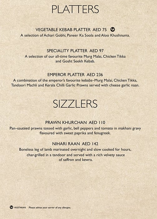 Menu at Asha's restaurant, Abu Dhabi, Yas Mall