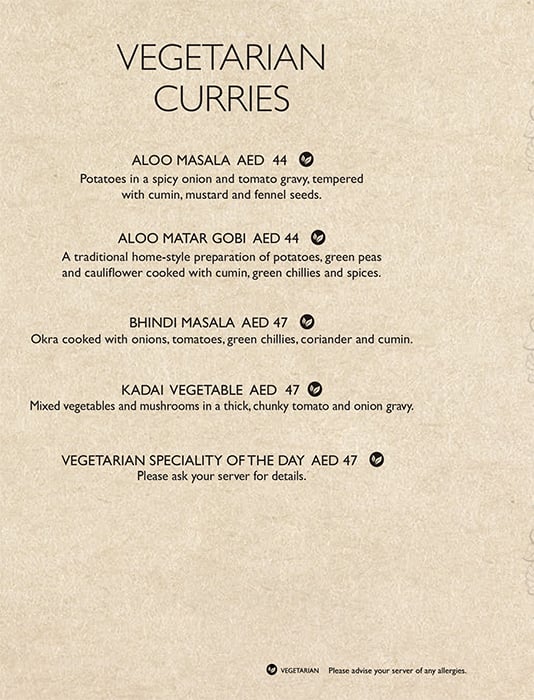 Menu at Asha's restaurant, Abu Dhabi, Yas Mall