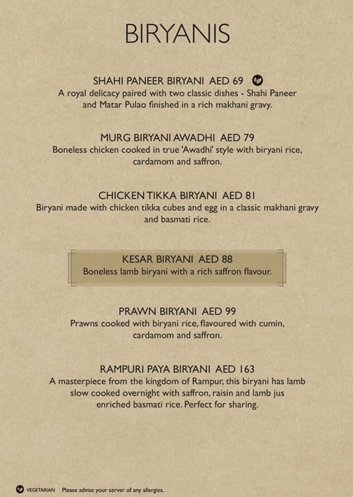 Menu at Asha's restaurant, Abu Dhabi, Yas Mall