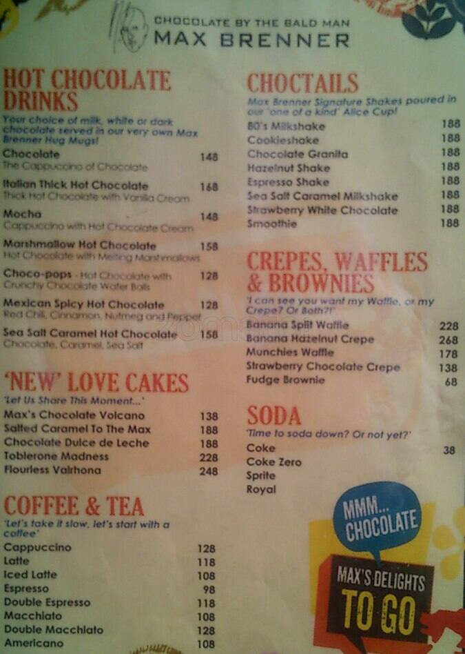 Menu at Max Brenner, Makati