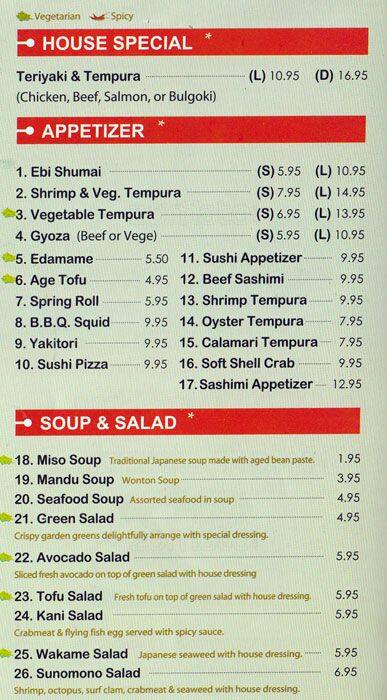 Menu at Sushi-Ya Japan restaurant, Milton