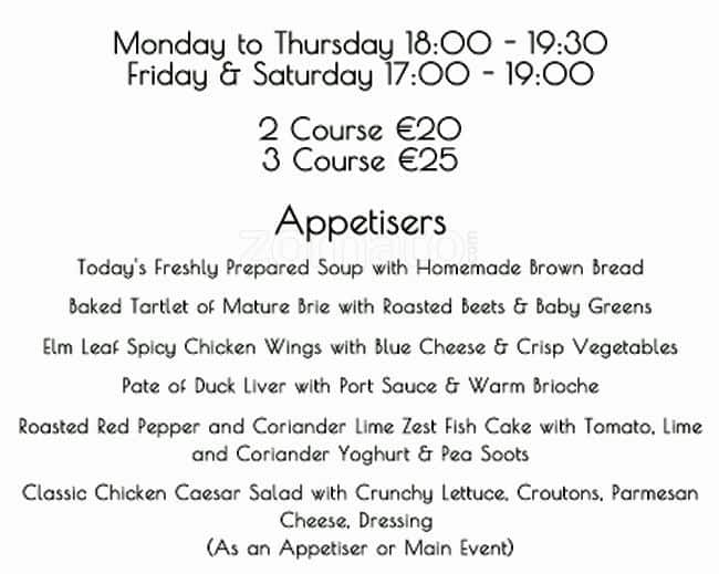 Menu at The Elm Leaf restaurant, Dublin, Main St