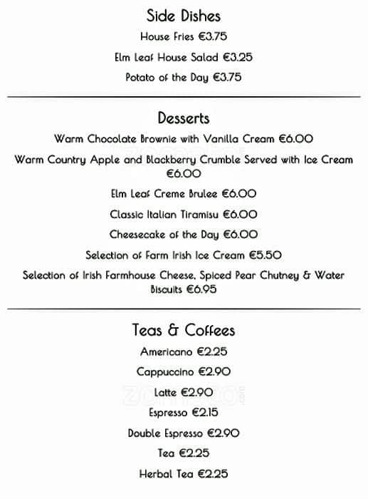Menu at The Elm Leaf restaurant, Dublin, Main St