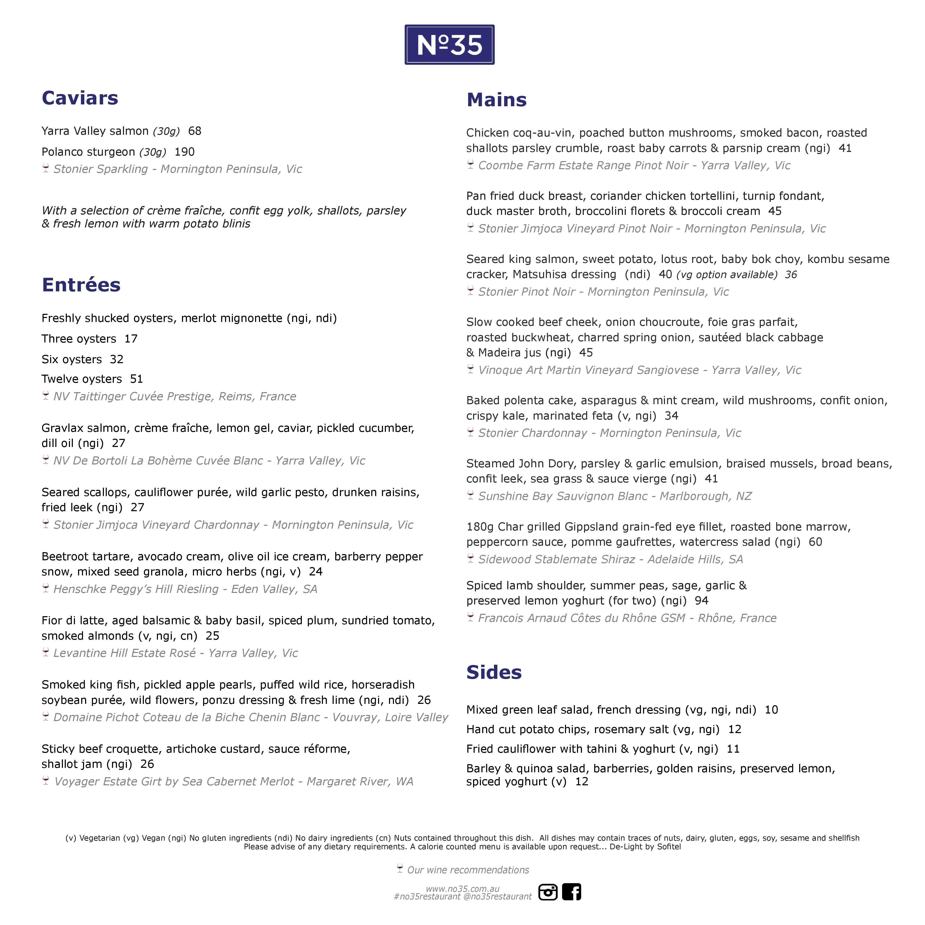 Menu at NO35 restaurant, Melbourne